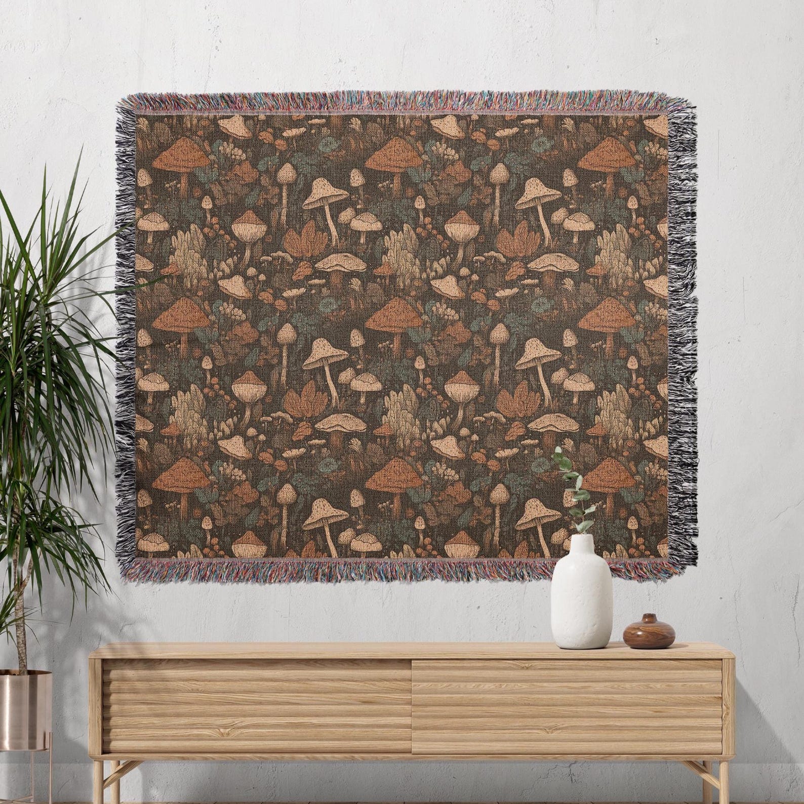 Mushroom Throw Blanket Tapestry | Fungi Pattern Woven Wall Hanging Rug ...
