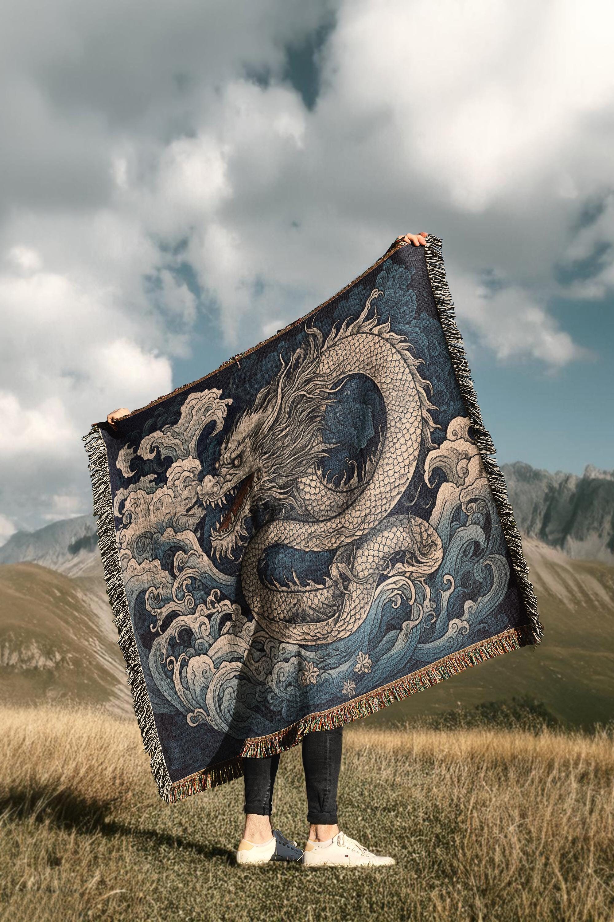 Chinese Blue Dragon Throw Blanket | Great Waves Woven Wall Hanging Art ...