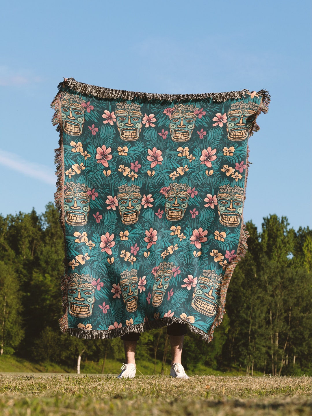 Hawaiian Flower Tiki Mask Throw Blanket | Woven Wall Hanging Decor for ...
