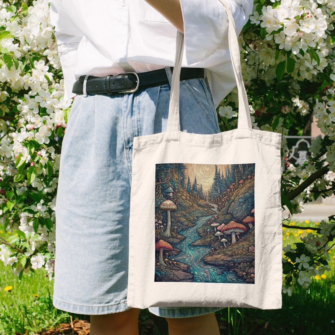 Trippy Mushroom Forest Tote Bag | Cottagecore Canvas Tote Shopping Bag ...