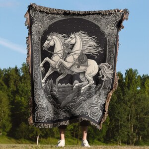 Medieval Stallion White Horses Throw Blanket Tapestry Vintage Woven ...