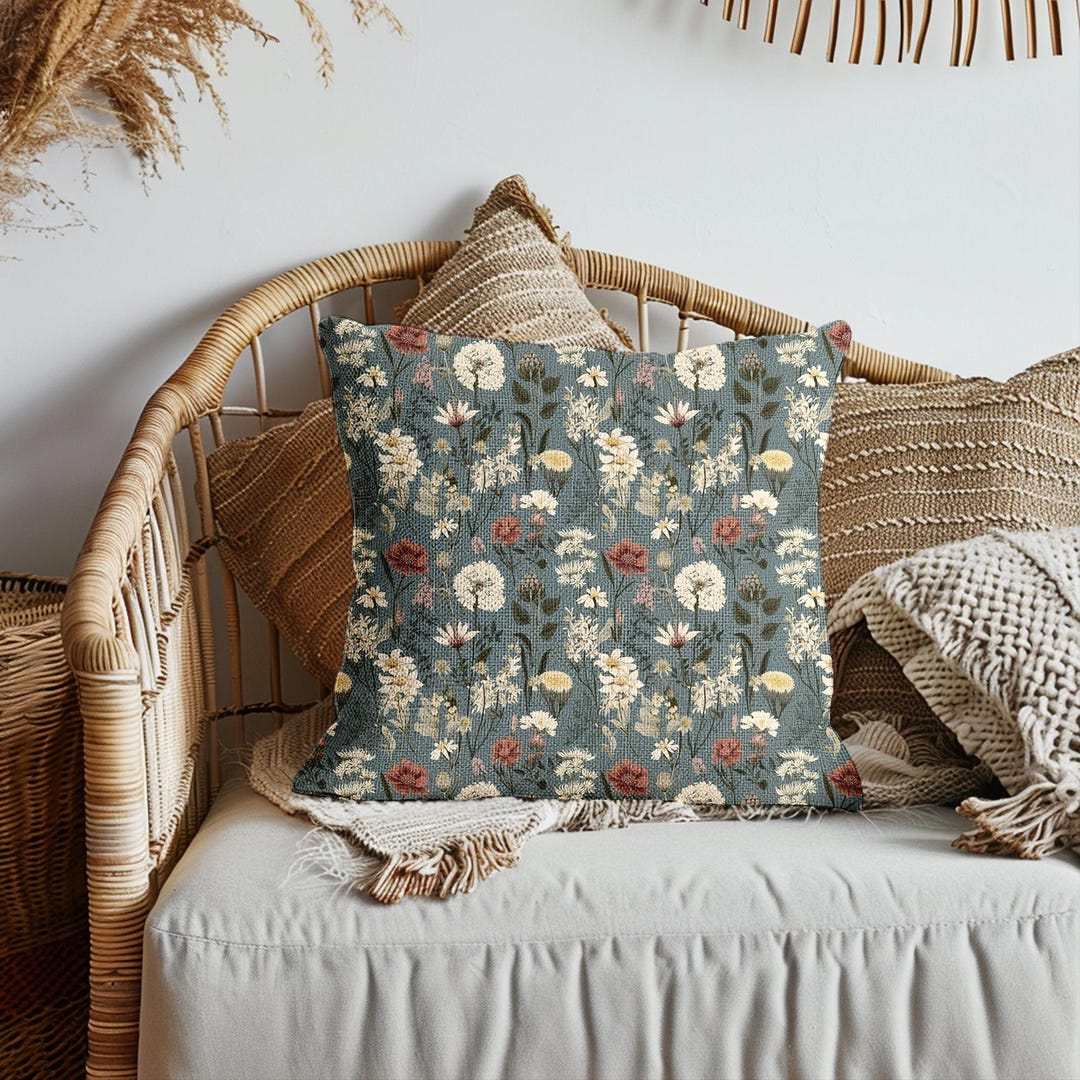 Woven Pillow - Cottagecore Flowers Decor | Floral Vintage Cotton ...