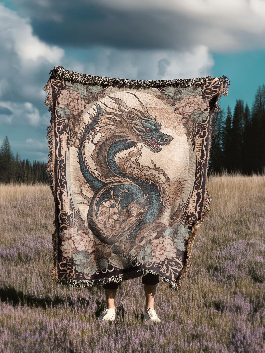 Floral Pink Dragon Throw Blanket Tapestry Rug | Chinese Woven Wall ...