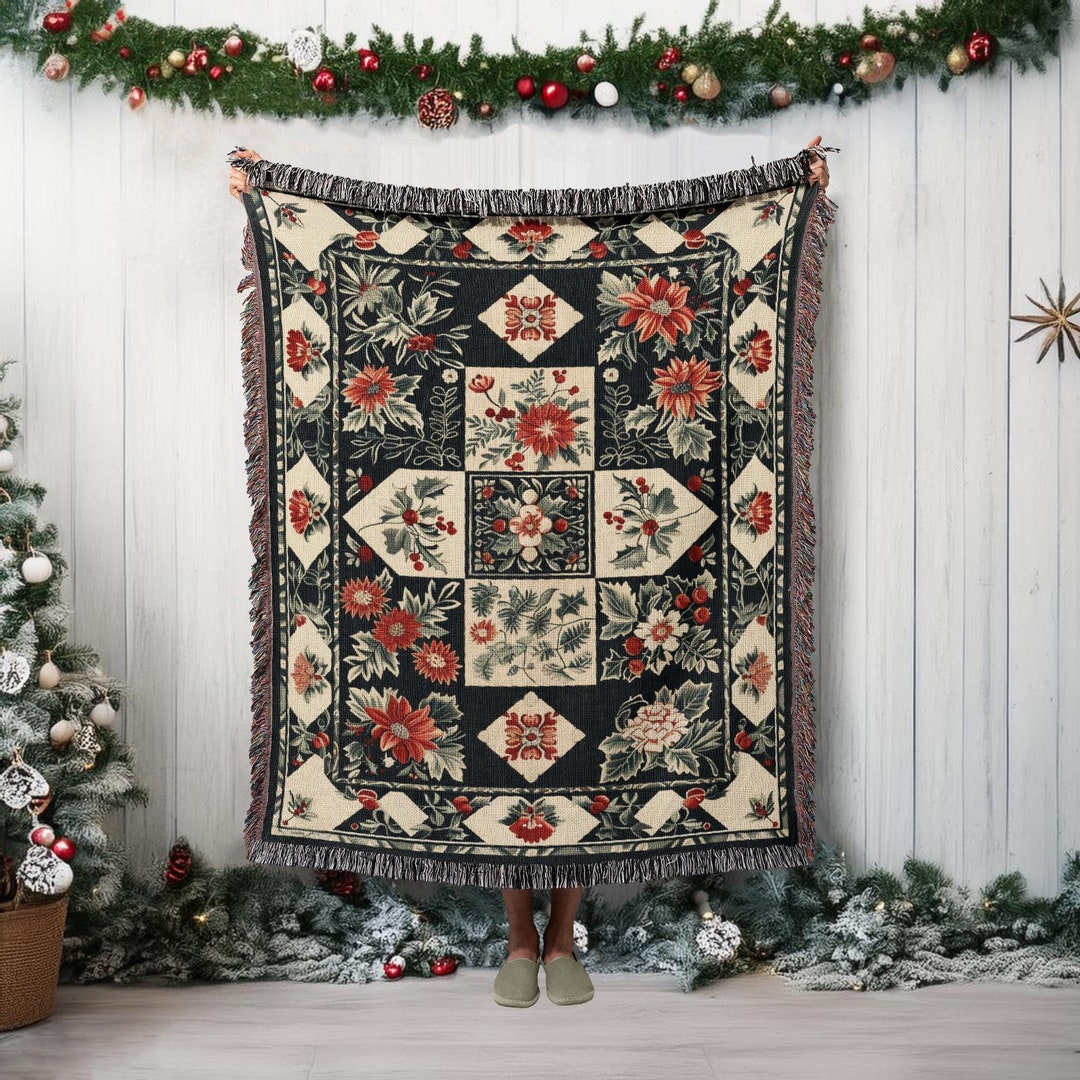 Faux Christmas Patchwork Throw Blanket | Cottagecore Woven Wall Hanging ...