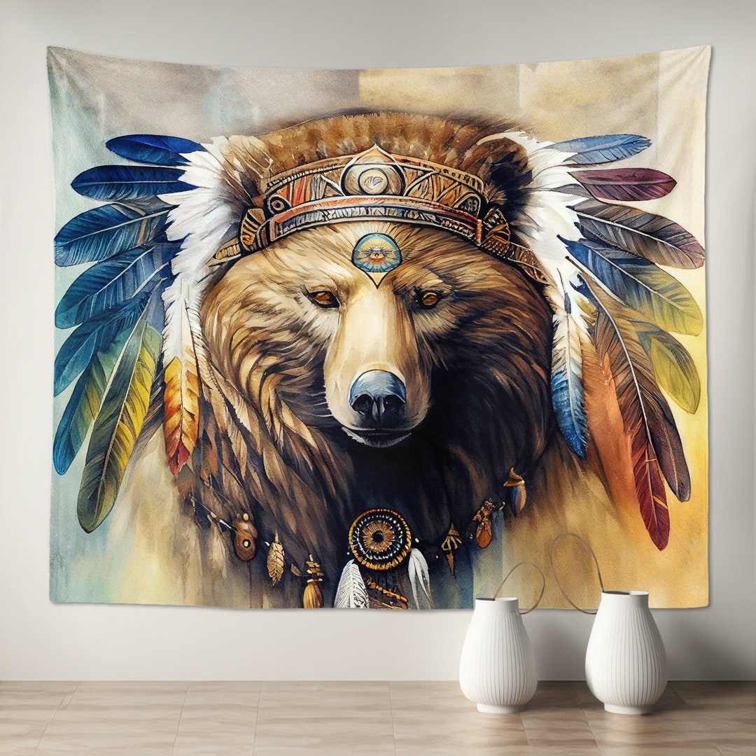 Native Grizzly Bear Tapestry Wall Hanging Art for Living Kids Bedroom ...