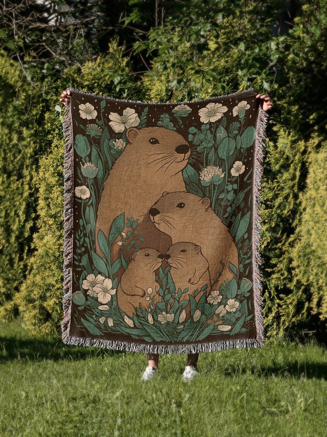 Cute Floral Capybara Family Throw Blanket Vintage Woven Wall Hanging ...
