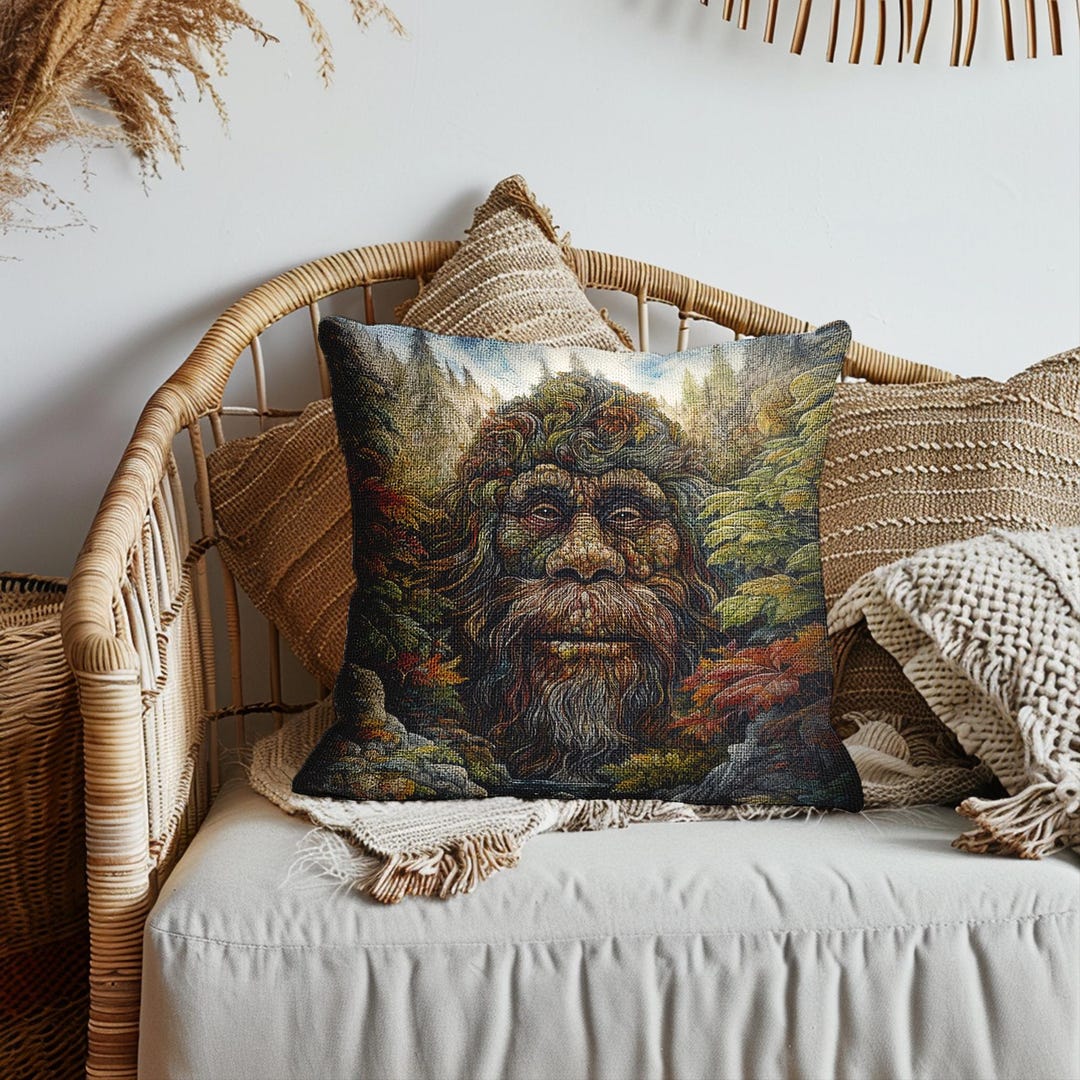 Bigfoot Forest Woven Pillow, Sasquatch Cushion Cover Mythical Creatures ...