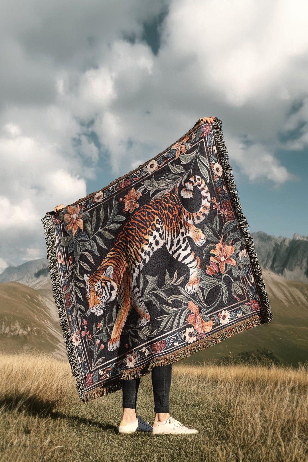 Medieval Floral Tiger Throw Blanket Tapestry Rug | Jaquard Jungle Woven ...