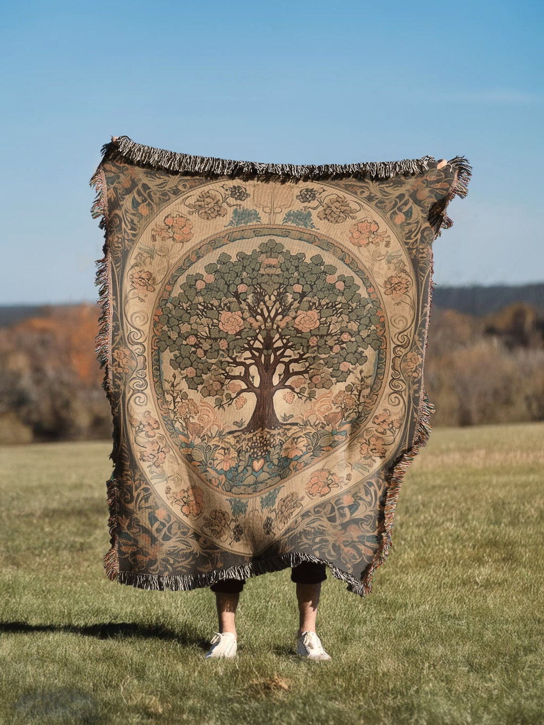 Floral Tree of Life Throw Blanket Tapestry | Botanical Roses Woven Wall ...