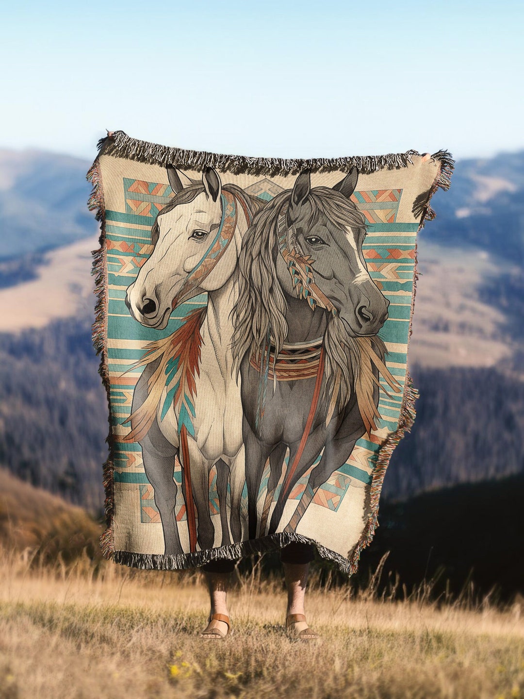 Native American Stallion Horses Throw Blanket | Western Woven Wall ...