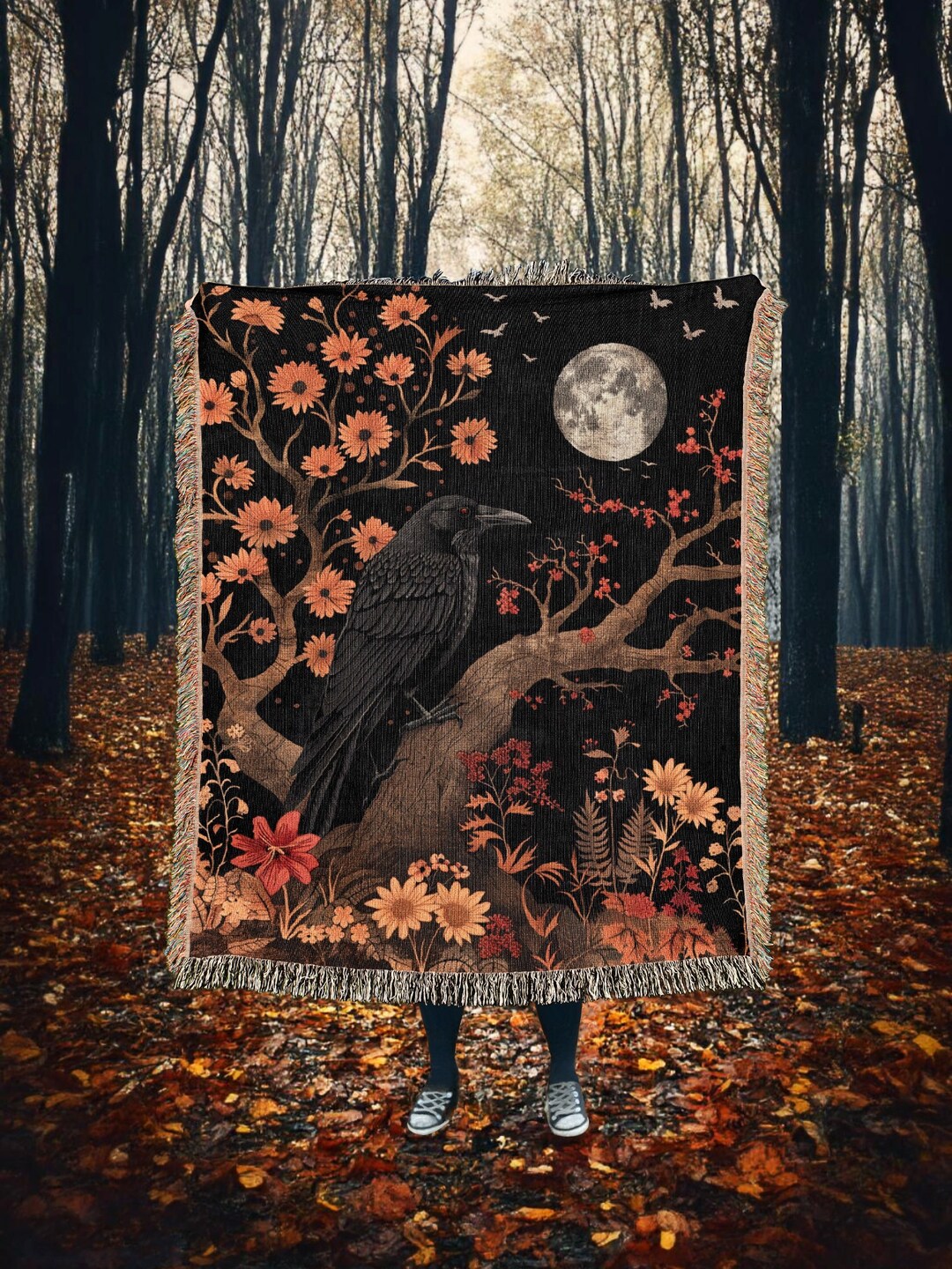 Dark Cottagecore Crow Blanket Tapestry Rug | Raven Woven Wall Hanging ...