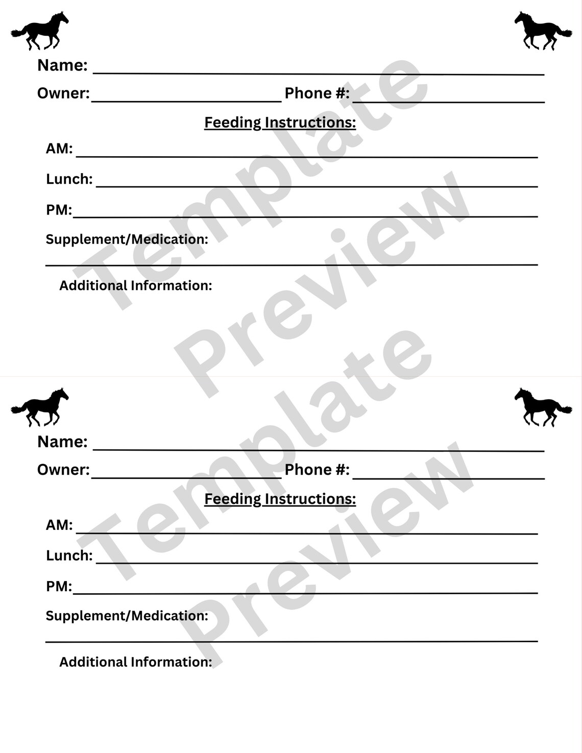 Horse Stall Feed Card With Horses Accent (simple) - Etsy