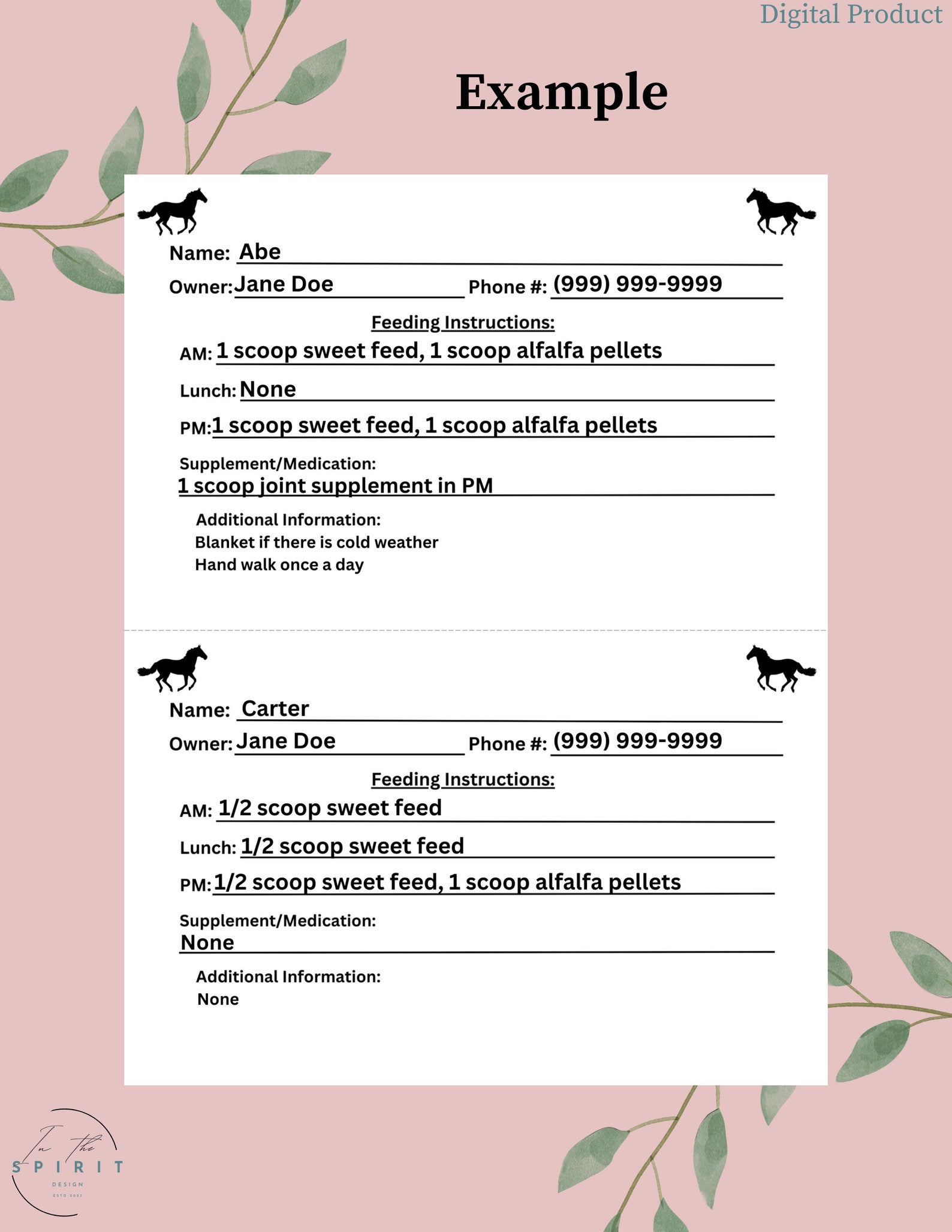 Horse Stall Feed Card With Horses Accent (simple) - Etsy