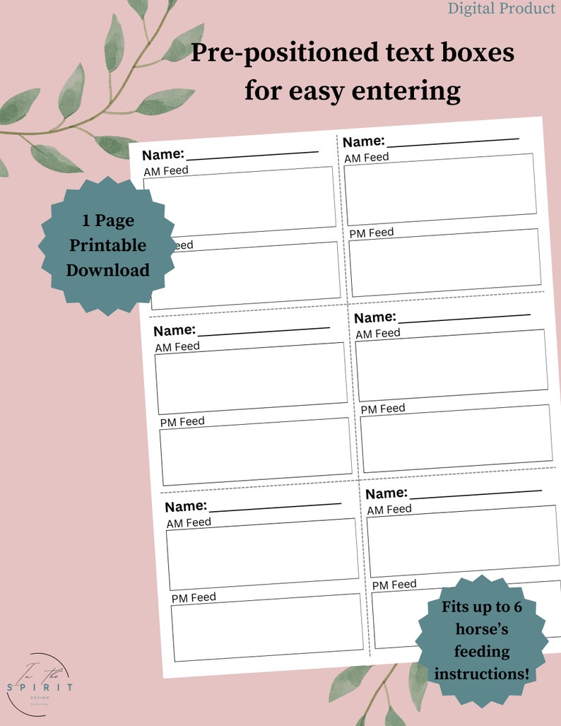 Horse Stall Feed Chart- 6 Spot (simple) - Etsy