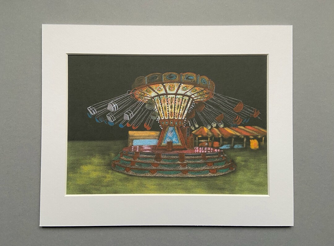 Swing Ride at Night Art Print/ Spinning Fairground Nighttime Drawing ...