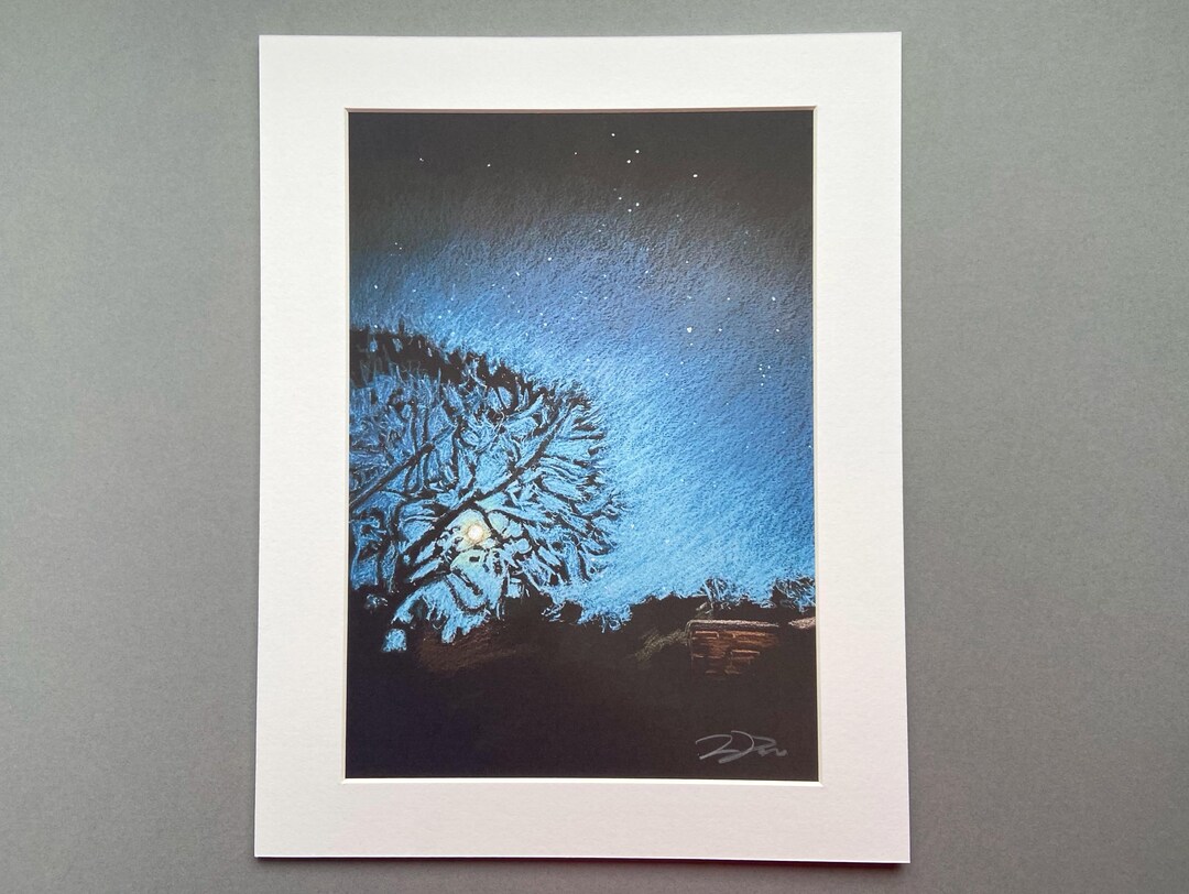 Moonlight and Stars Art Print/ the Winter Tree Drawing/ Nighttime ...