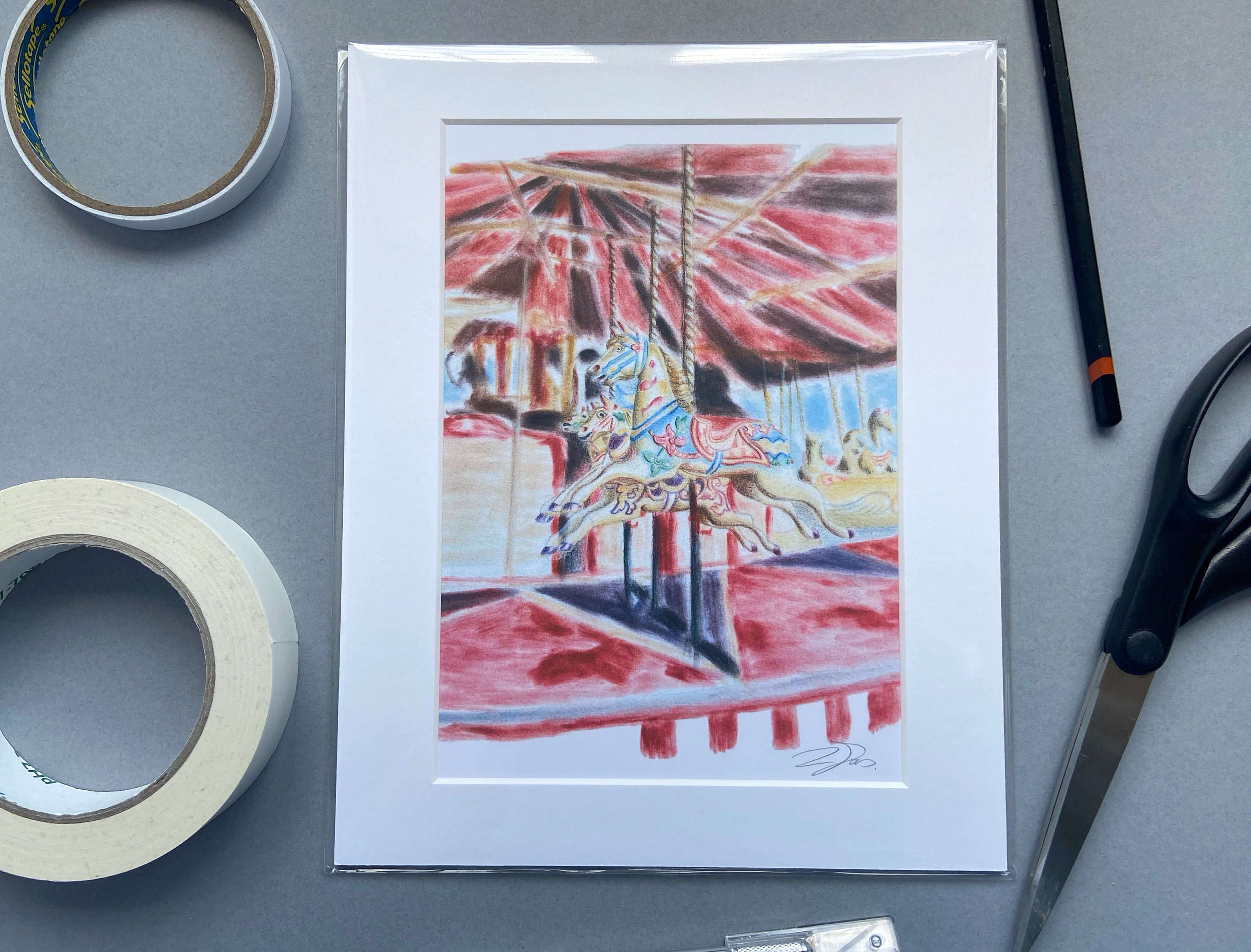Carousel Art Print/rides at the Fairground Drawing/ Old-fashioned Steam ...