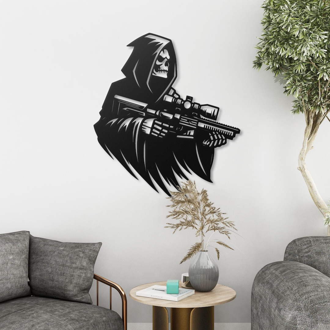 Grim Reaper With Sniper Rifle Metal Wall Art – Unique Skeleton Decor ...