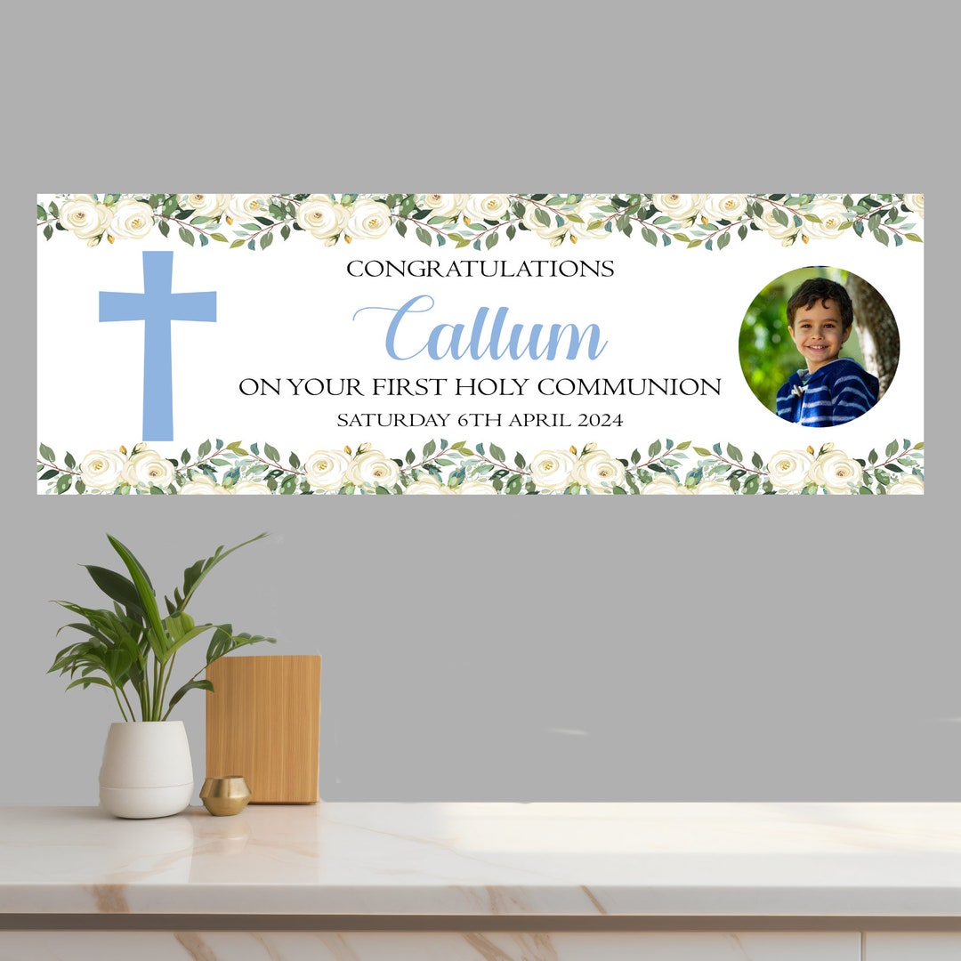 First Holy Communion Party Banner, Personalised, Custom Banner, Blue ...