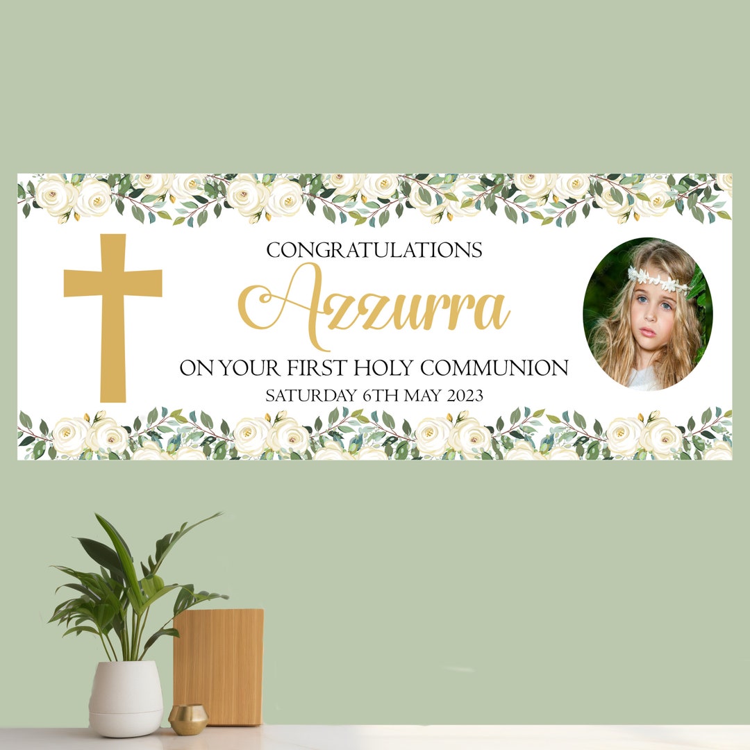 Personalised First Holy Communion Party Banner Gold Floral Cross Custom ...