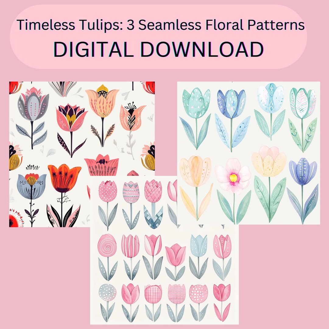 3 Tulip Patterns - Vibrant Floral Digital Paper | Seamless Tulip ...