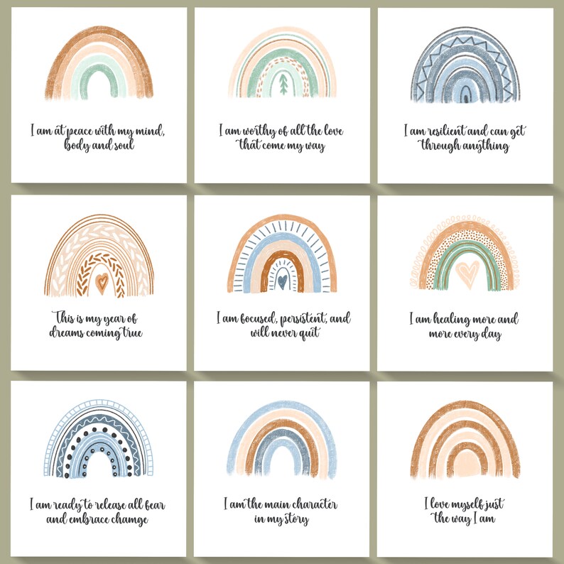 Boho Rainbow Affirmation Cards, Printable Quote Cards, 20 Daily ...