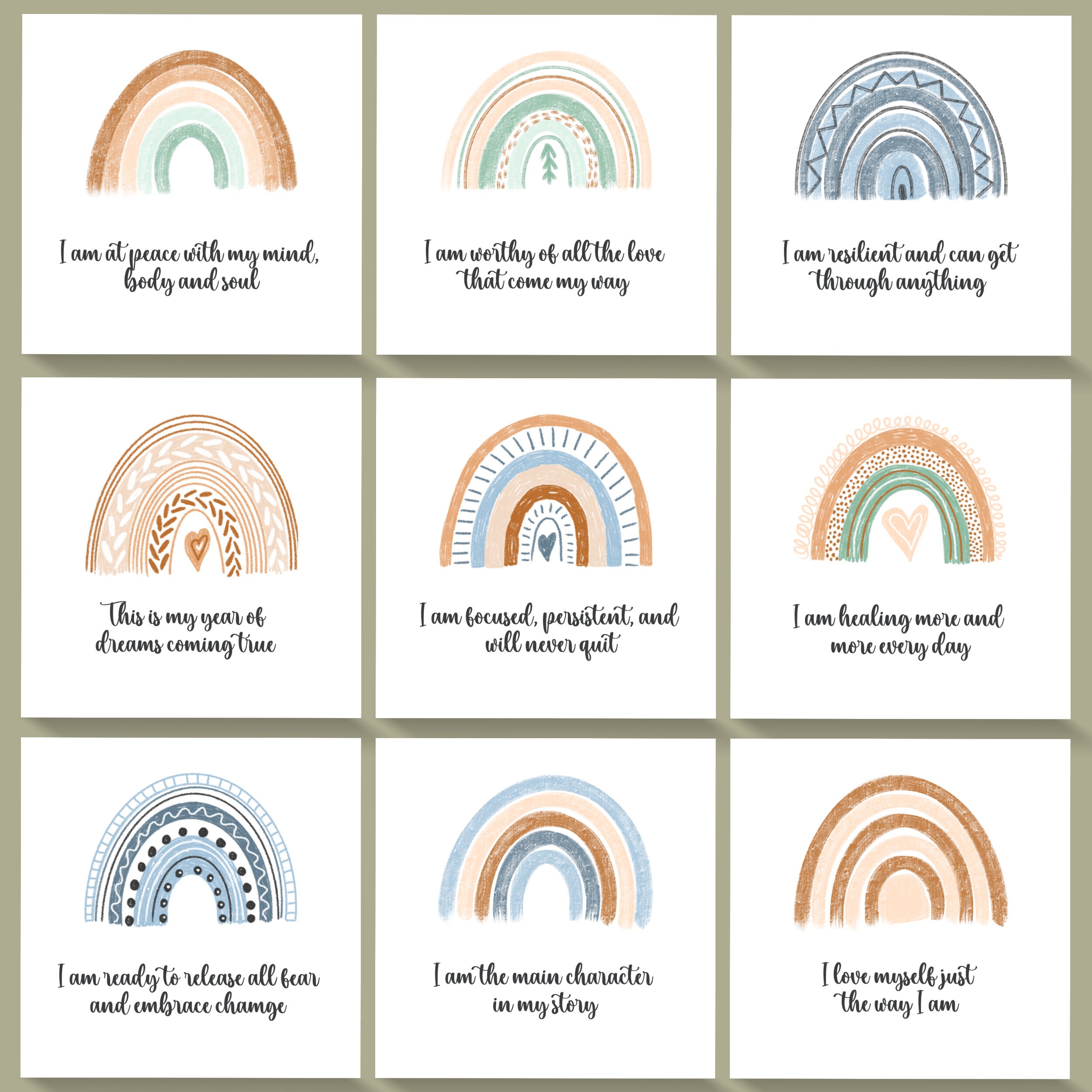 Boho Rainbow Affirmation Cards, Printable Quote Cards, 20 Daily ...