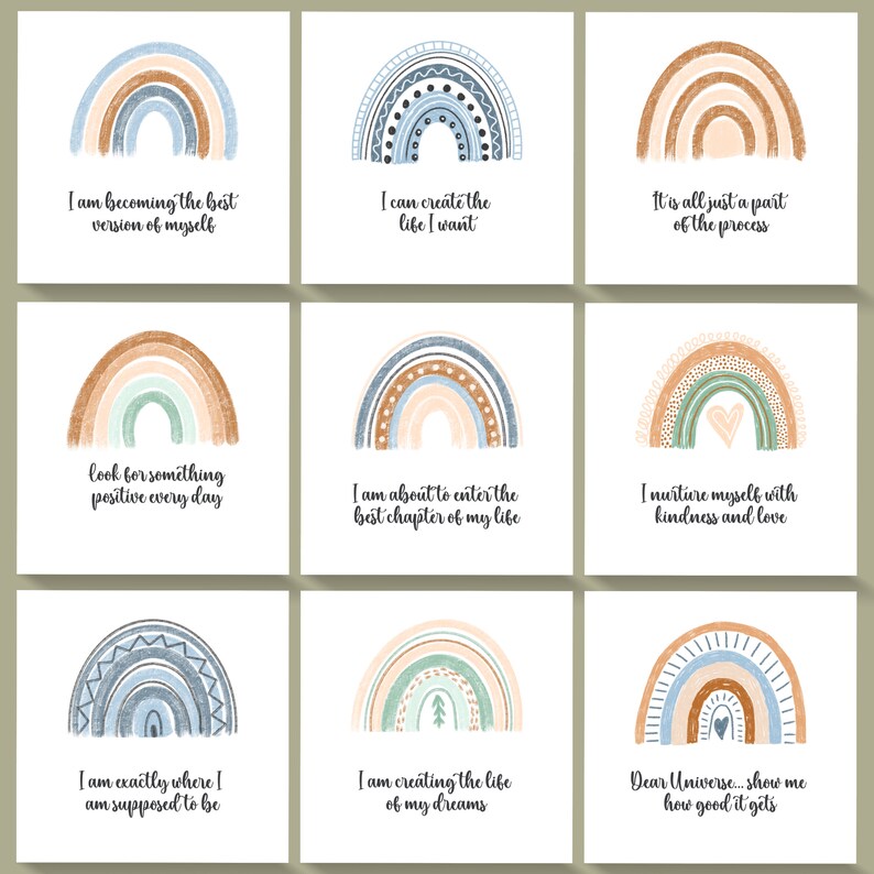 Boho Rainbow Affirmation Cards, Printable Quote Cards, 20 Daily ...