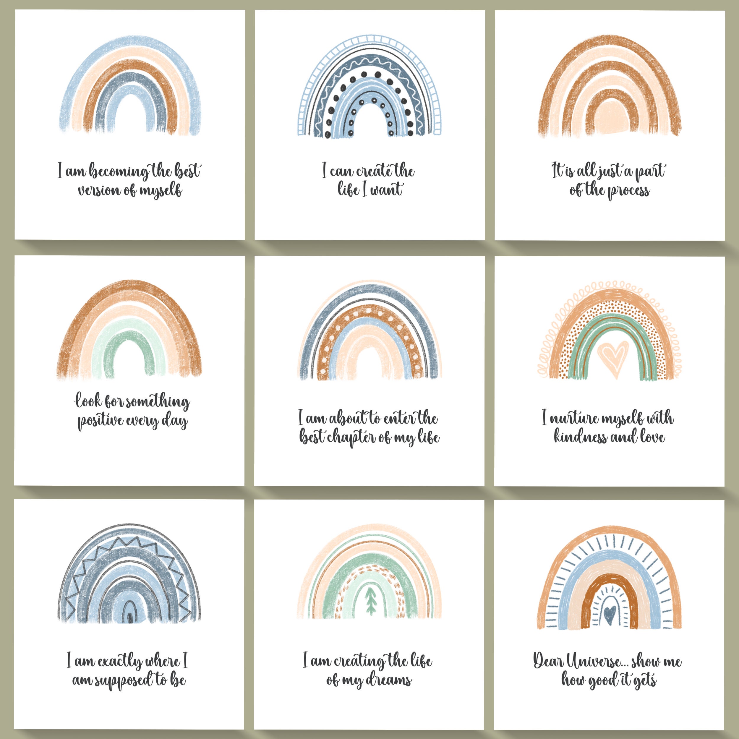 Boho Rainbow Affirmation Cards, Printable Quote Cards, 20 Daily ...
