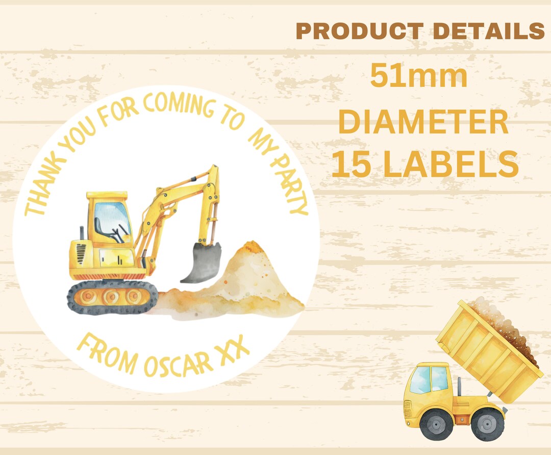 Personalised Digger Construction Thank You Party Stickers - 51mm ...
