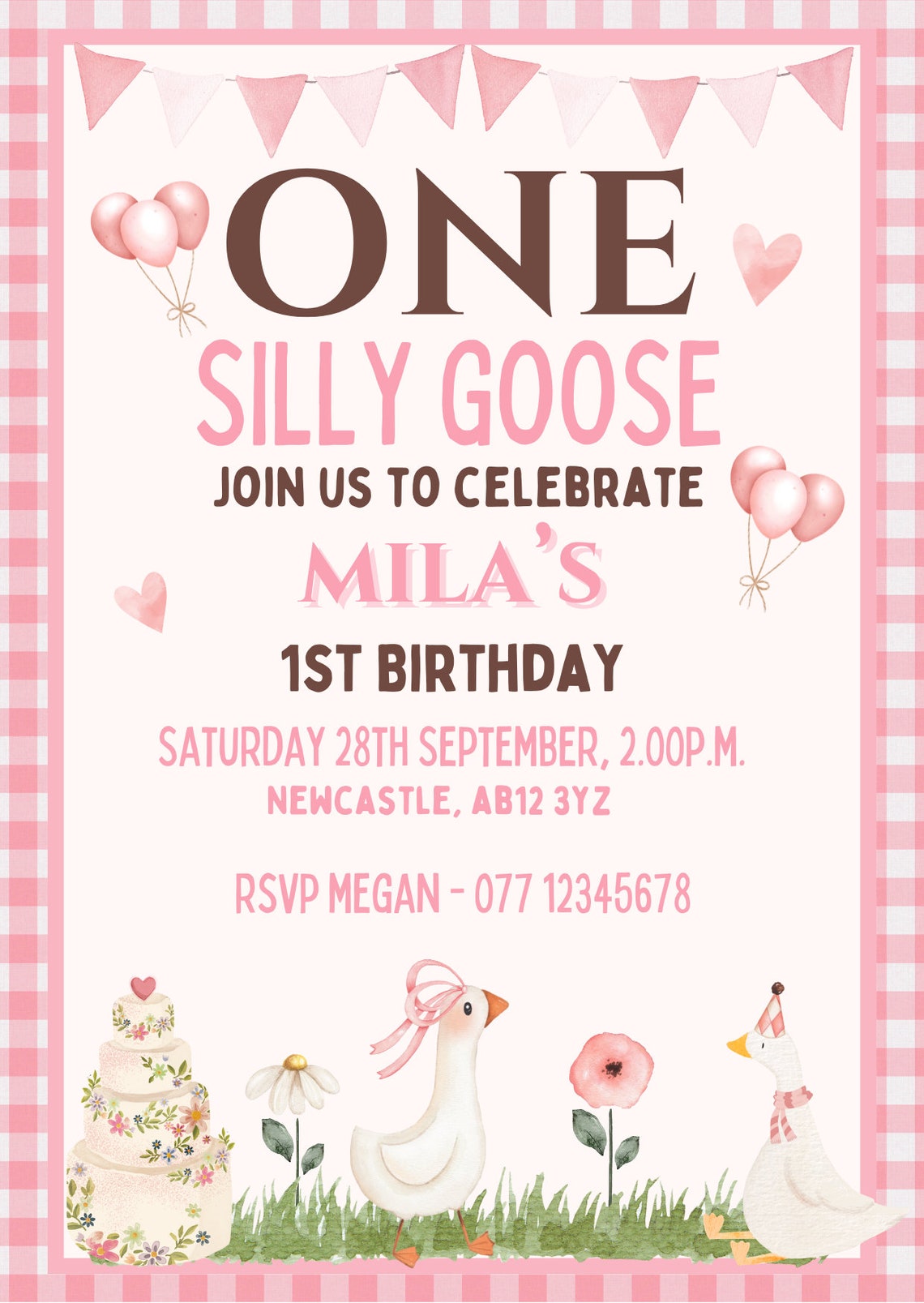 Personalised Pink One Silly Goose Theme Birthday Party Invitation ...