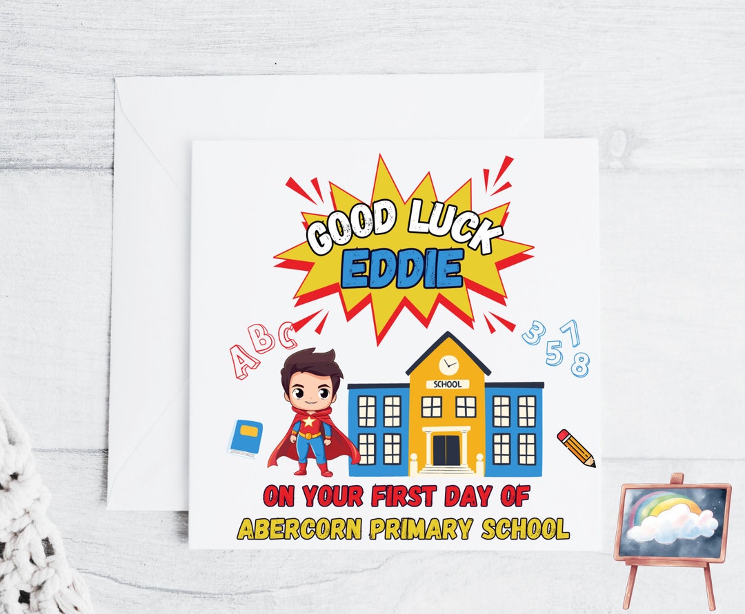 Personalised Super Hero Good Luck on Your First Day at School 6x6 Card ...