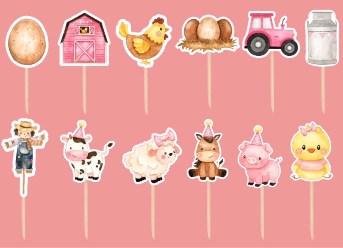 Cute Pink Farm Themed Birthday Cupcake Toppers X 12 - Etsy