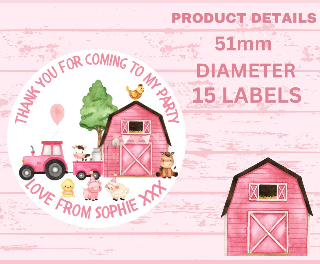 Personalised Pink Farm Tractor & Barn Thank You Party Favour Stickers ...