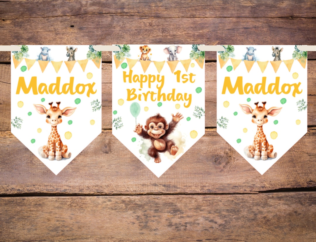 Jungle Safari Animals Party Happy Birthday Bunting Personalised 1st ...