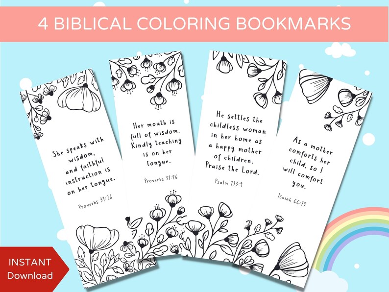 Set of 4 Coloring Bible Bookmarks, Printable Scripture Bookmarks ...