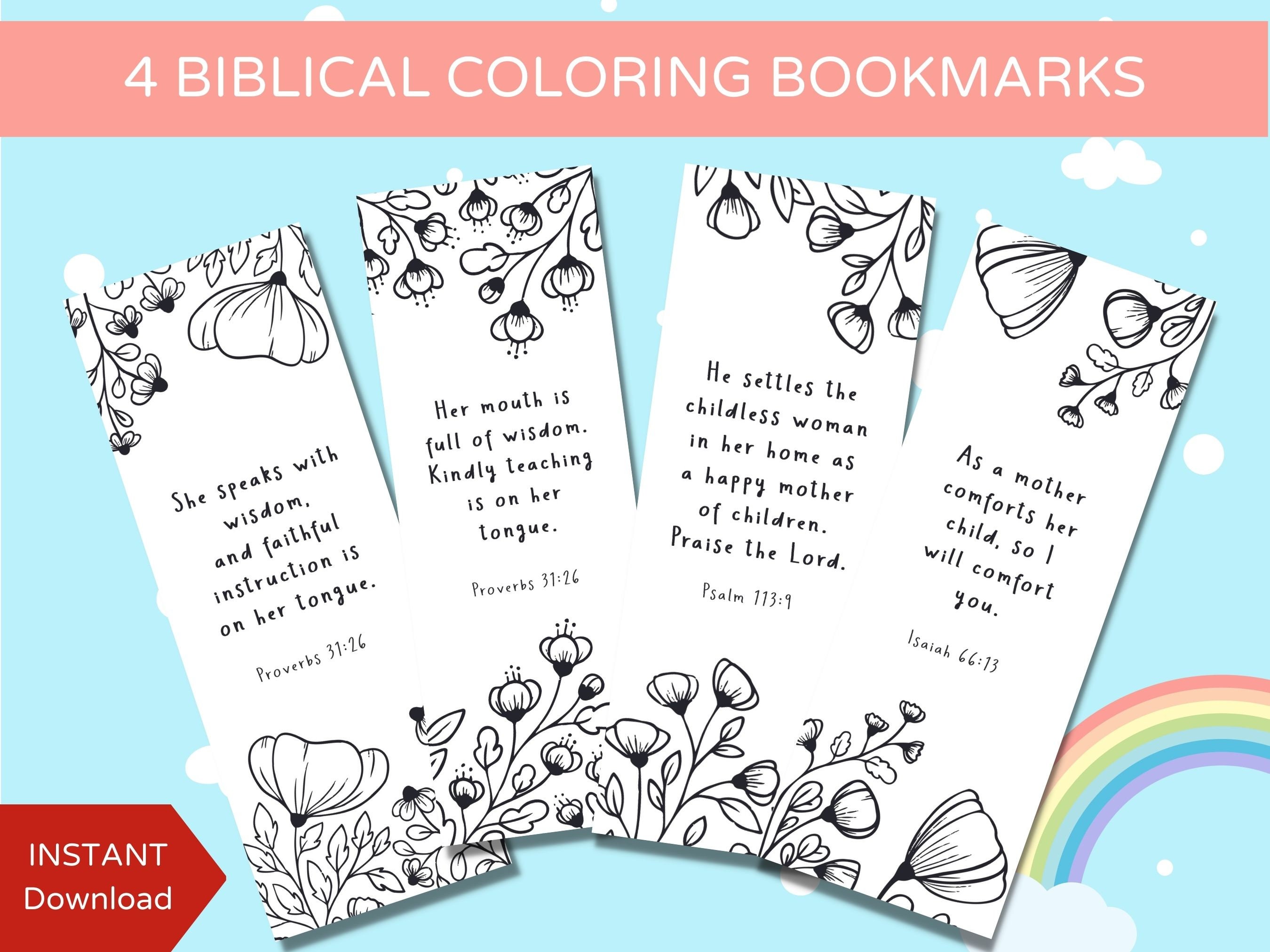 Set of 4 Coloring Bible Bookmarks, Printable Scripture Bookmarks ...