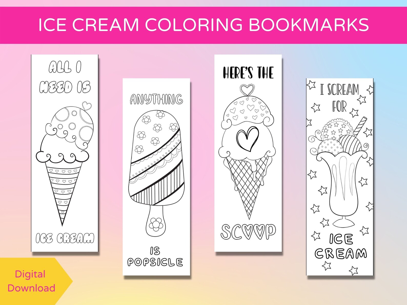 Set of 4 Coloring Bookmarks, Ice Cream-themed Printable Bookmarks to ...
