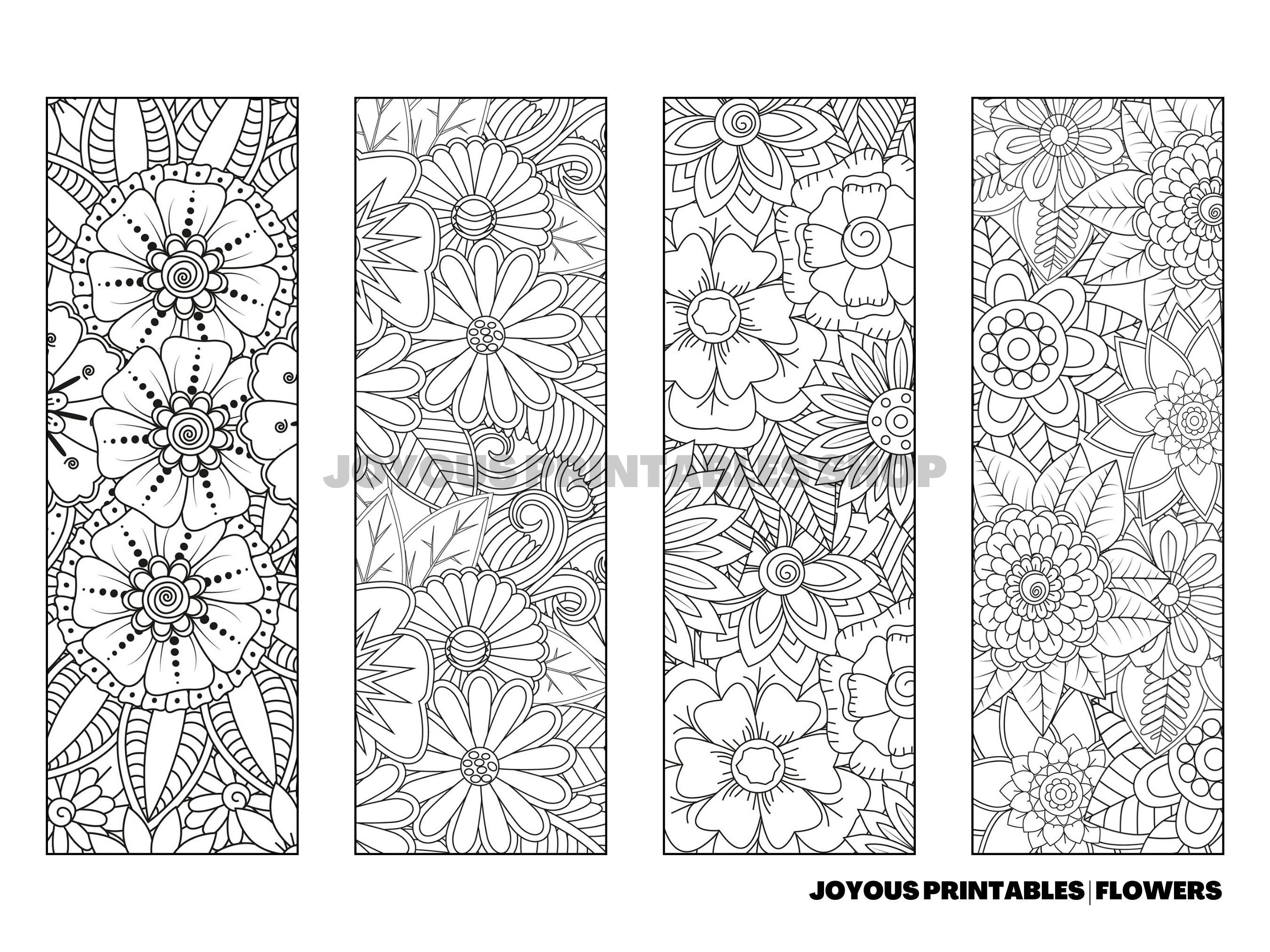 Flower-themed Coloring Bookmarks, Printable Bookmark Set, Digital ...