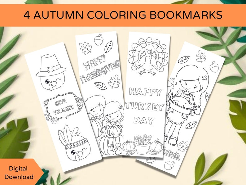 Set of 4 Thanksgiving Coloring Bookmarks, Fall Printable Bookmarks ...