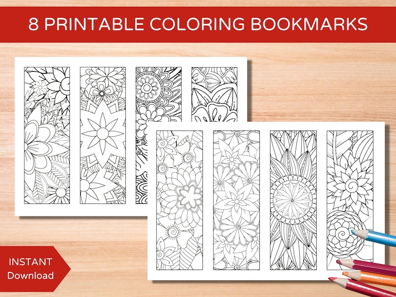 8 Floral Coloring Bookmarks, Printable Bookmark Set, Digital Bookmark ...