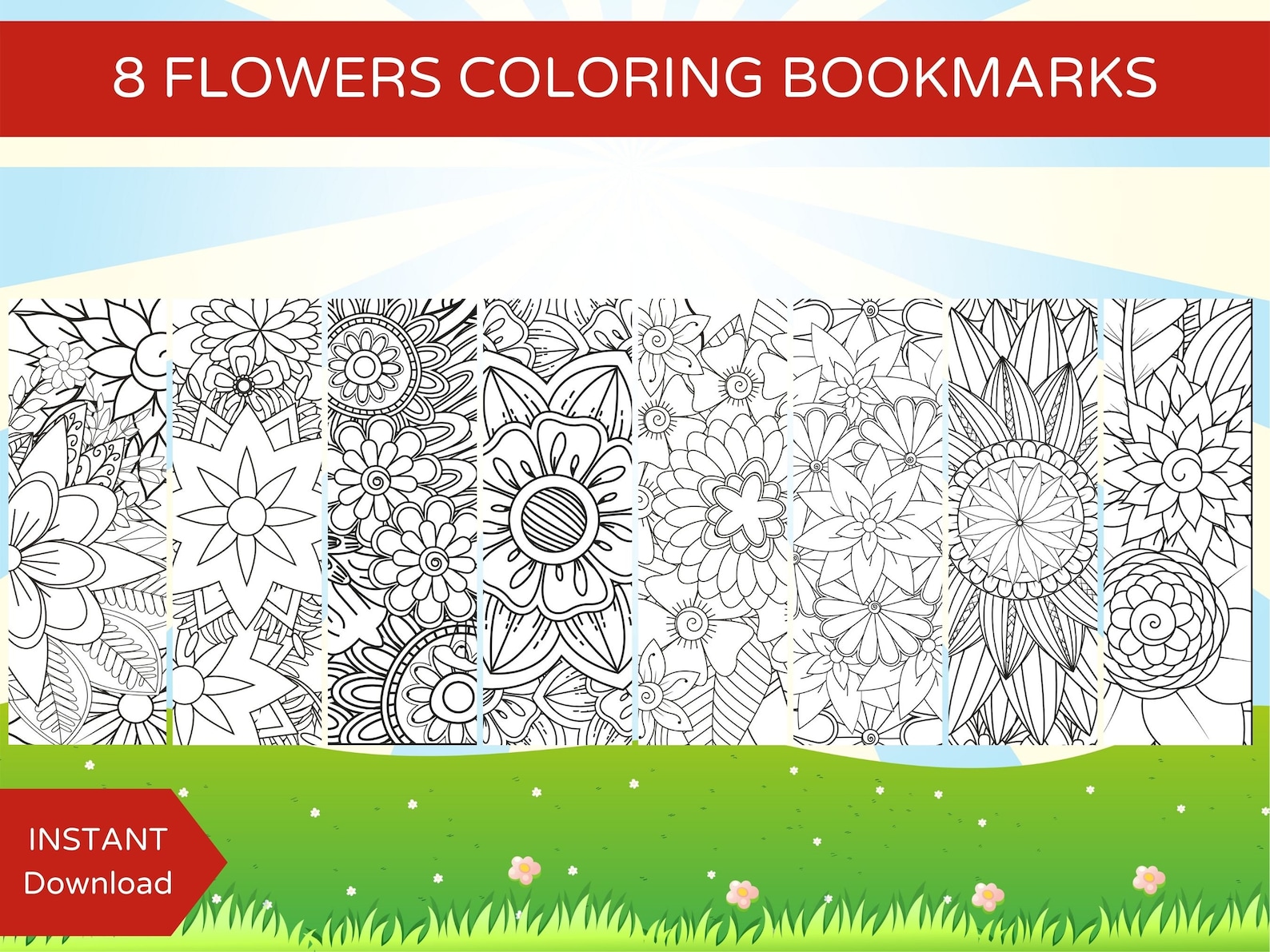 8 Floral Coloring Bookmarks, Printable Bookmark Set, Digital Bookmark ...
