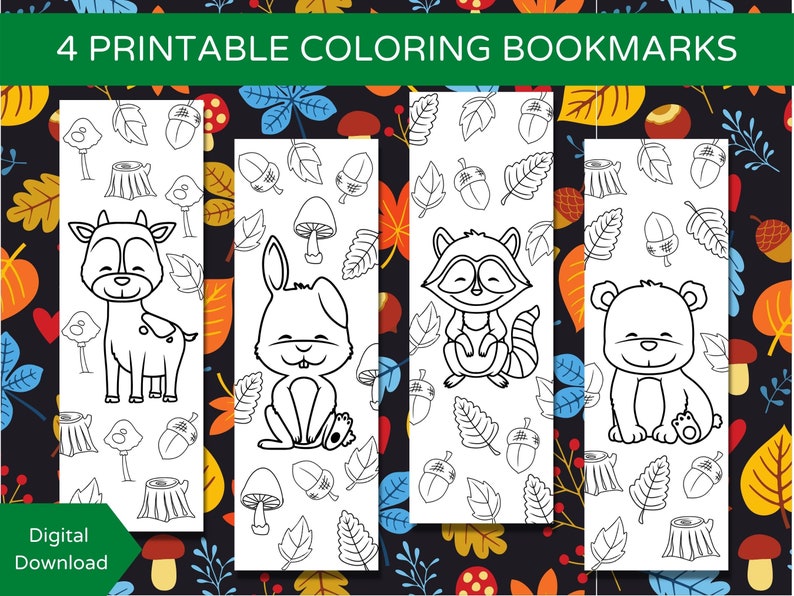 Set of 4 Fall Coloring Bookmarks to Color, Printable Animal Bookmark ...