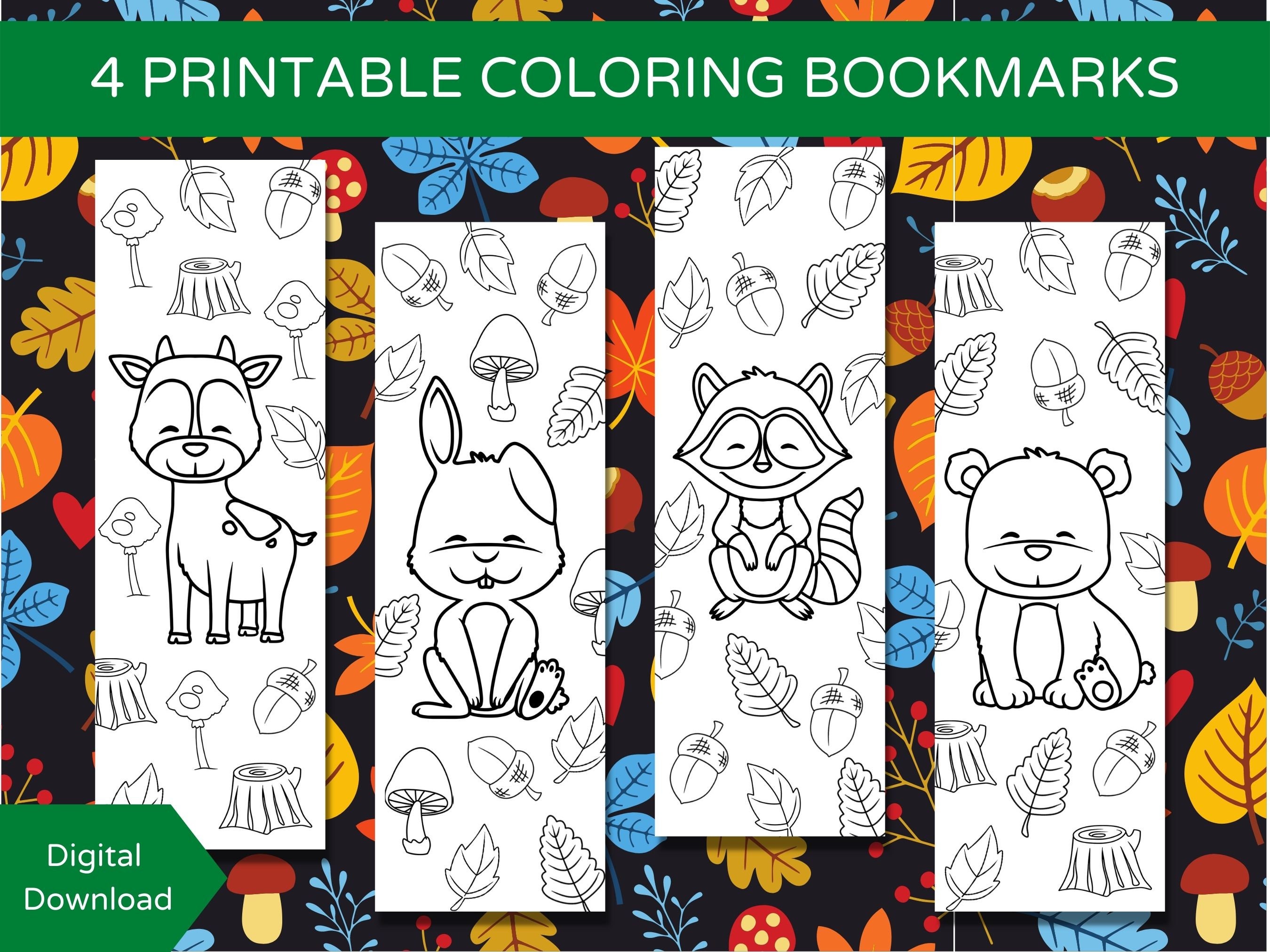 Set of 4 Fall Coloring Bookmarks to Color, Printable Animal Bookmark ...