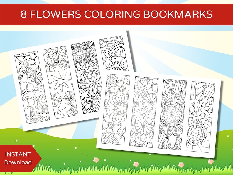 8 Floral Coloring Bookmarks, Printable Bookmark Set, Digital Bookmark ...