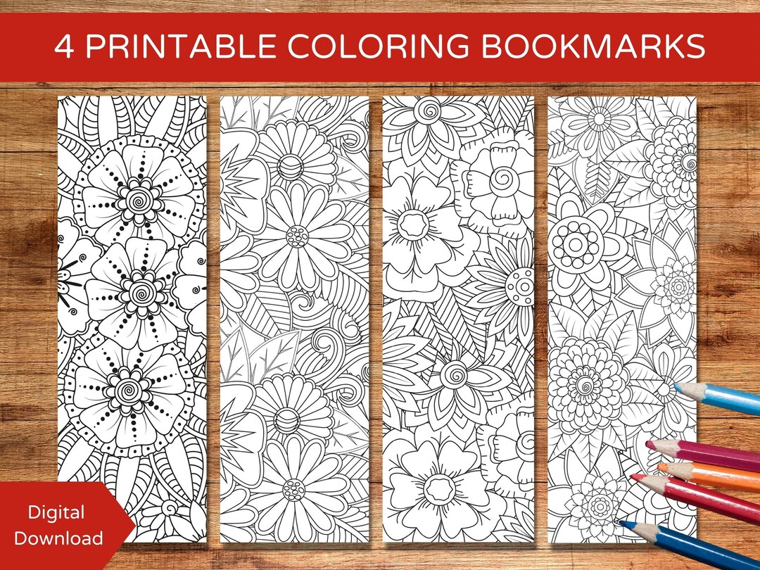 Flower-themed Coloring Bookmarks, Printable Bookmark Set, Digital ...