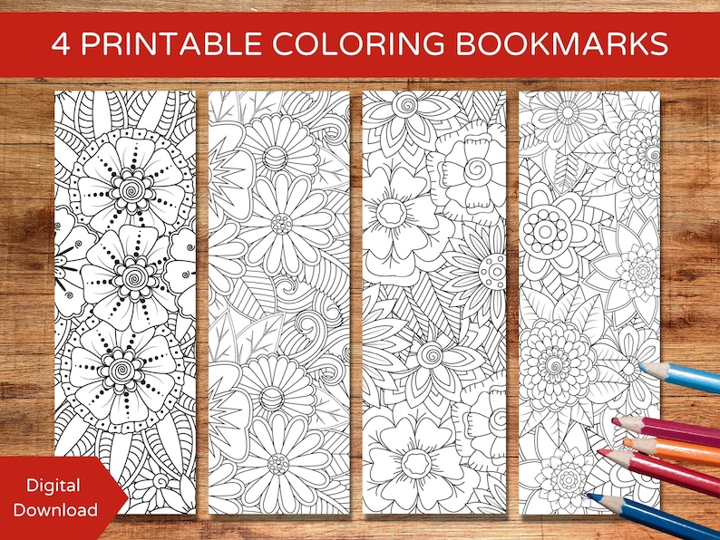 Flower-themed Coloring Bookmarks, Printable Bookmark Set, Digital ...