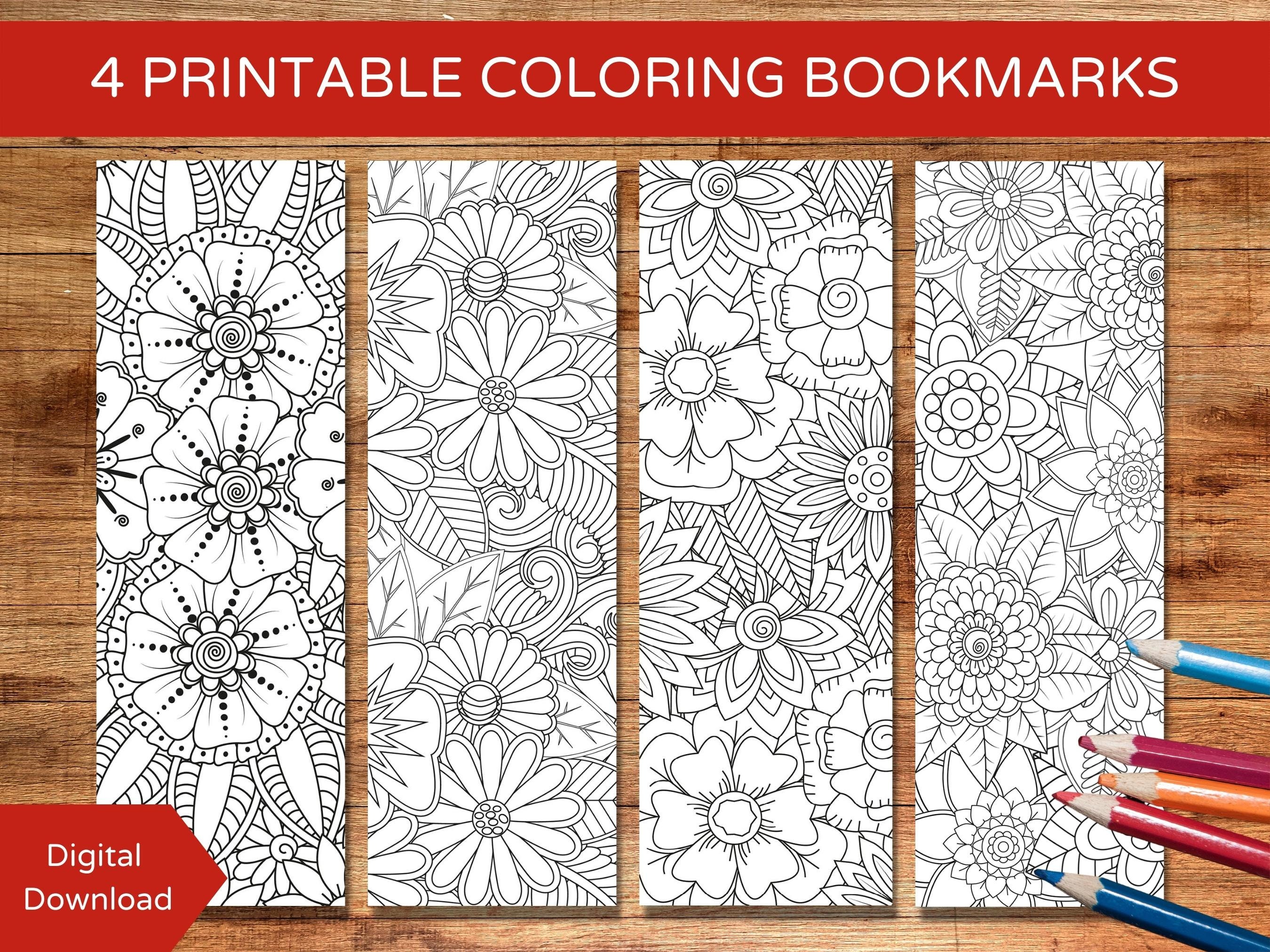 Flower-themed Coloring Bookmarks, Printable Bookmark Set, Digital ...