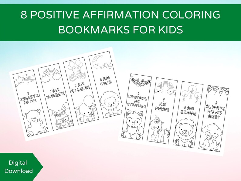 Set of 8 Positive Affirmation Coloring Bookmarks for Kids, Printable ...