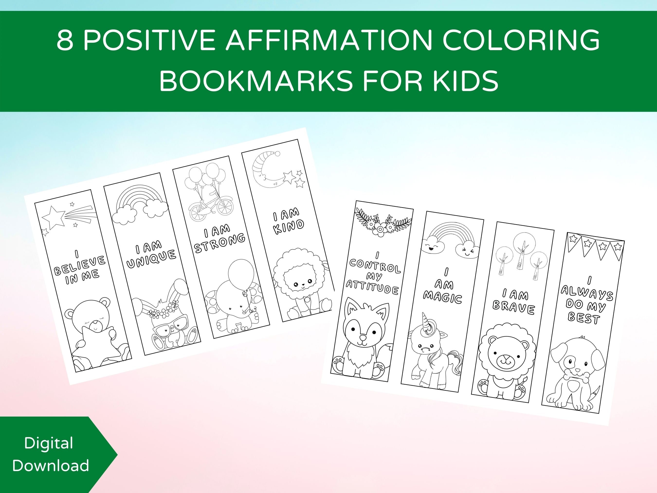 Set of 8 Positive Affirmation Coloring Bookmarks for Kids, Printable ...